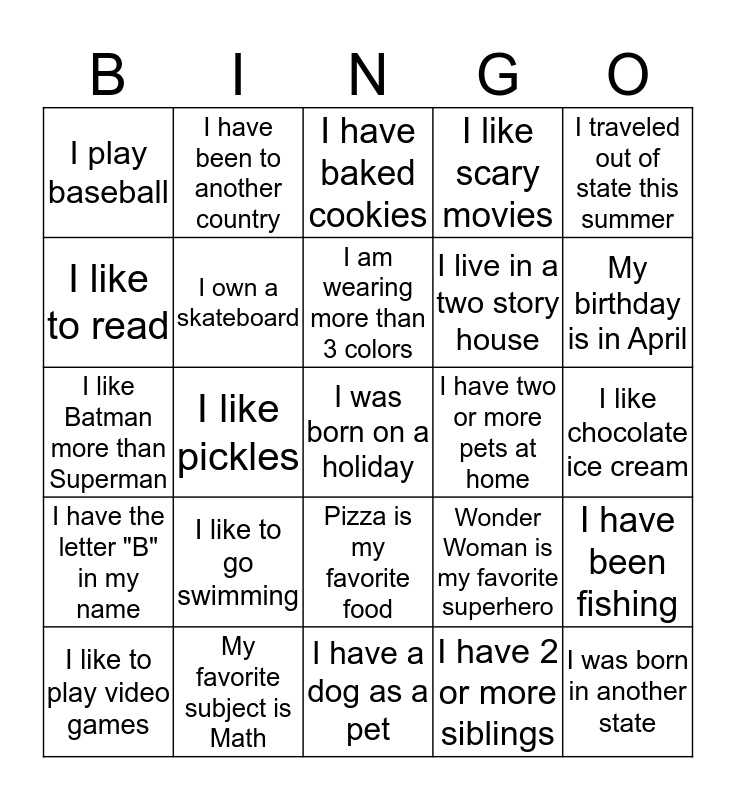 Find A Friend Bingo Card