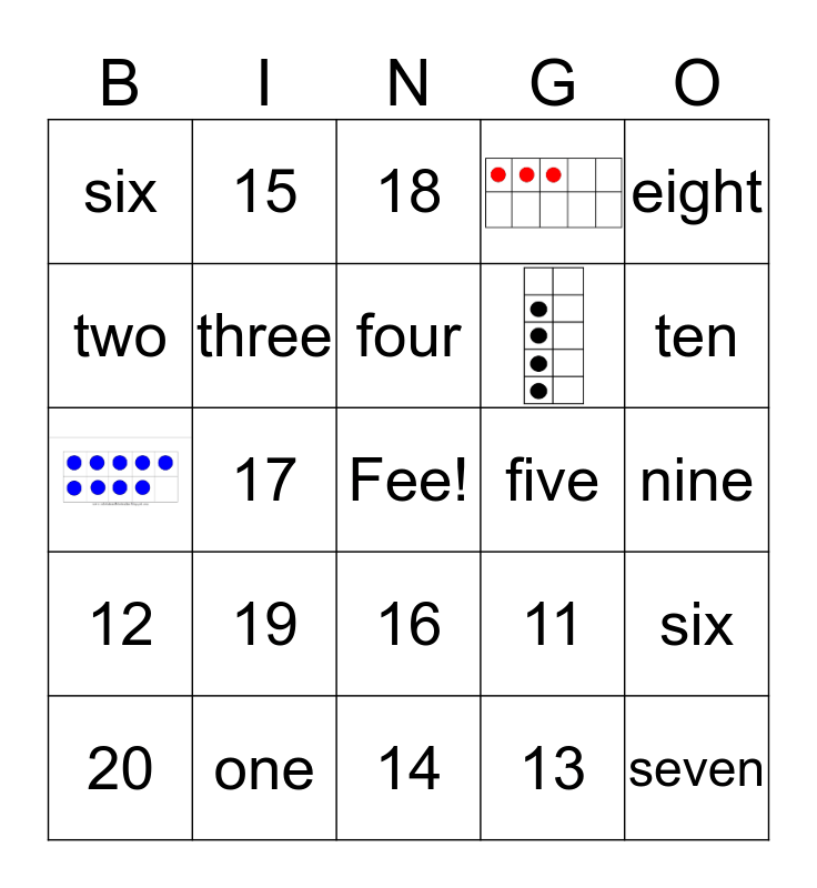 Numbers 1-20 Bingo Card
