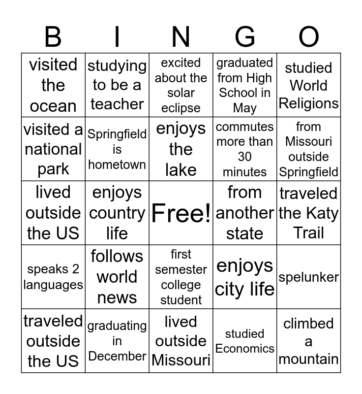 Welcome Bingo Card