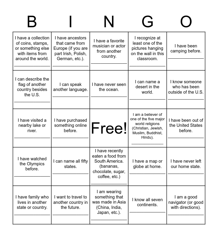 Welcome Back BINGO Card