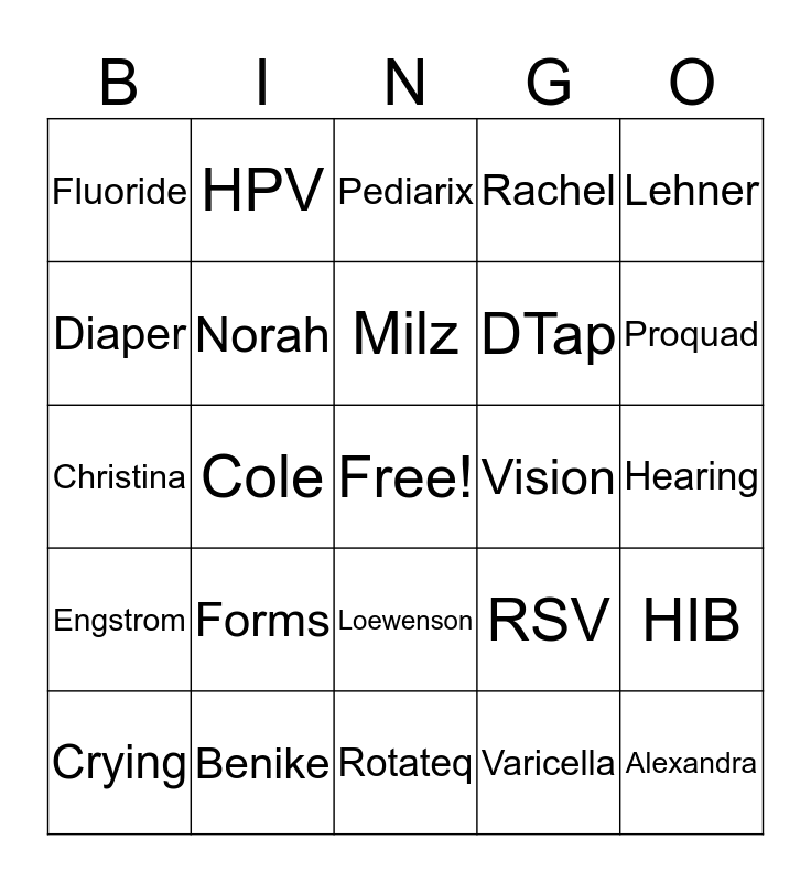 Pediatrics Bingo Card