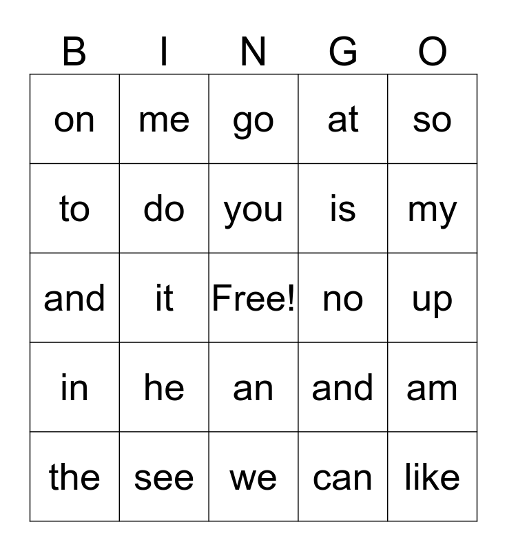 High Frequency Words 1 - 25 Bingo Card