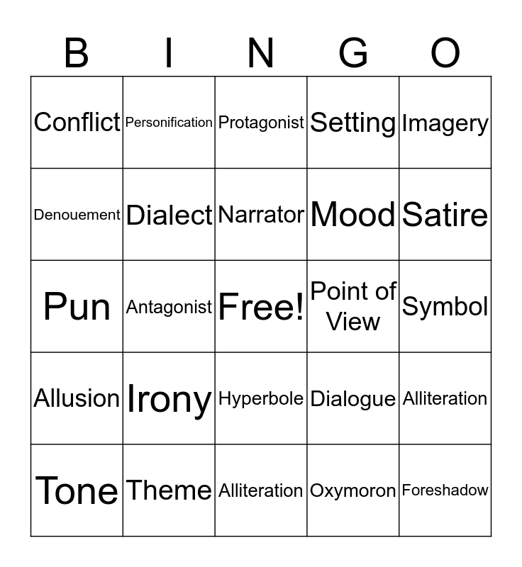 Literary Devices Bingo Card