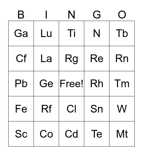 Element Bingo! Bingo Card