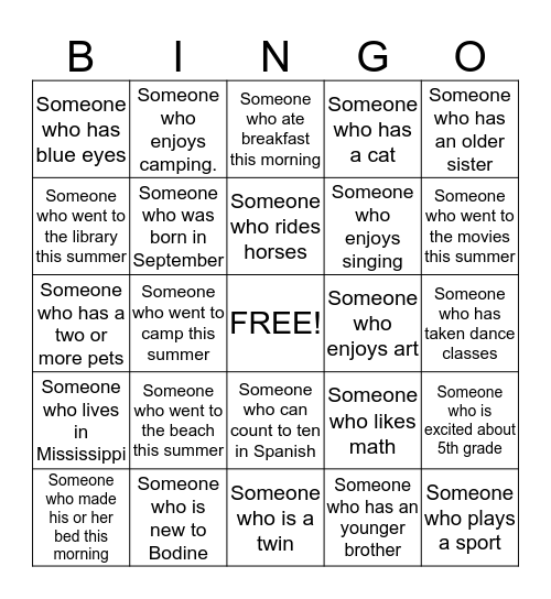 5th Grade Back to School Bingo Card