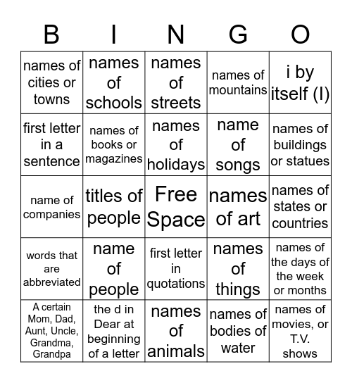 Capitalization Bingo Card