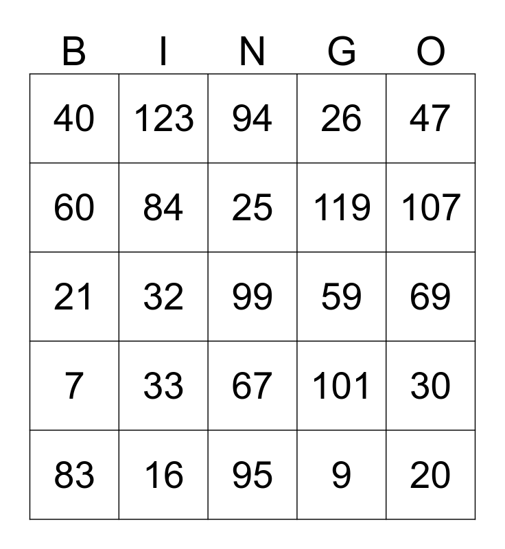 Numbers Bingo Card