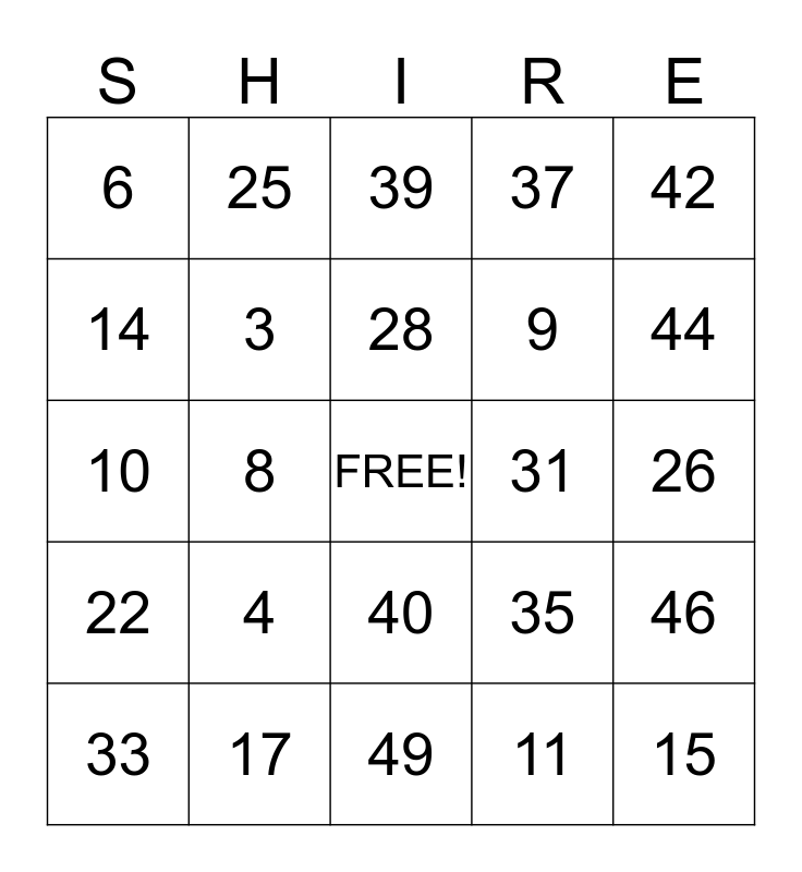 LORD OF THE RINGS BINGO Card