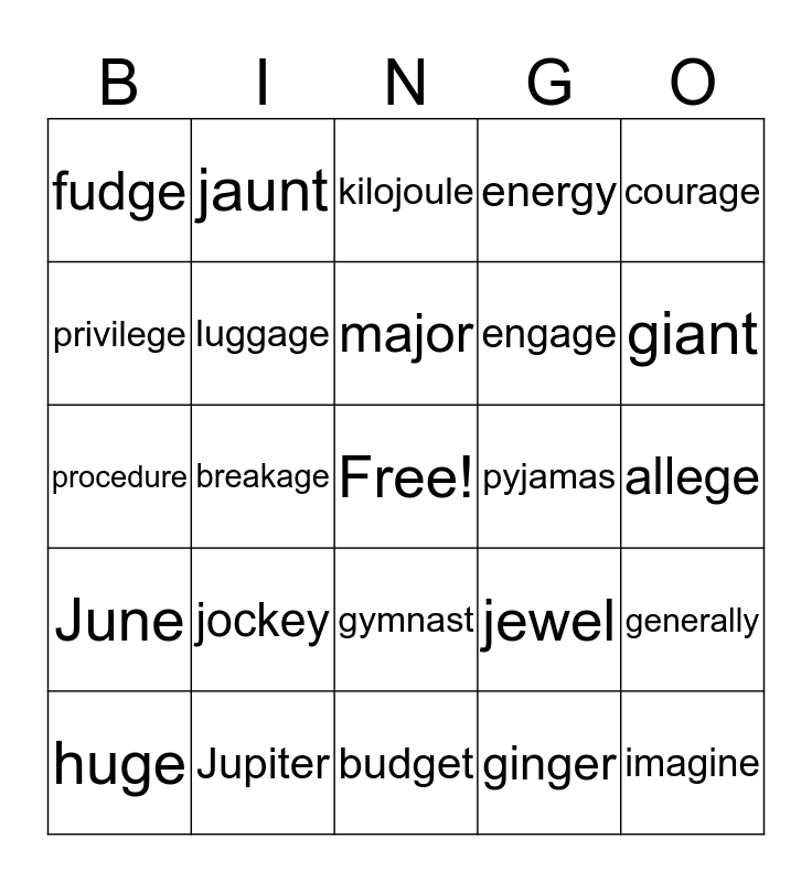 /J/ Bingo! Bingo Card