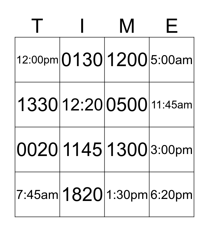 12 and 24-Hour Bingo Card