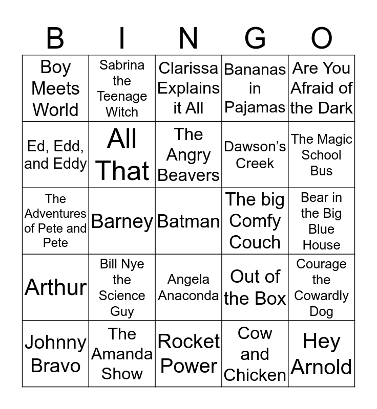 90 s TV Shows Bingo Card