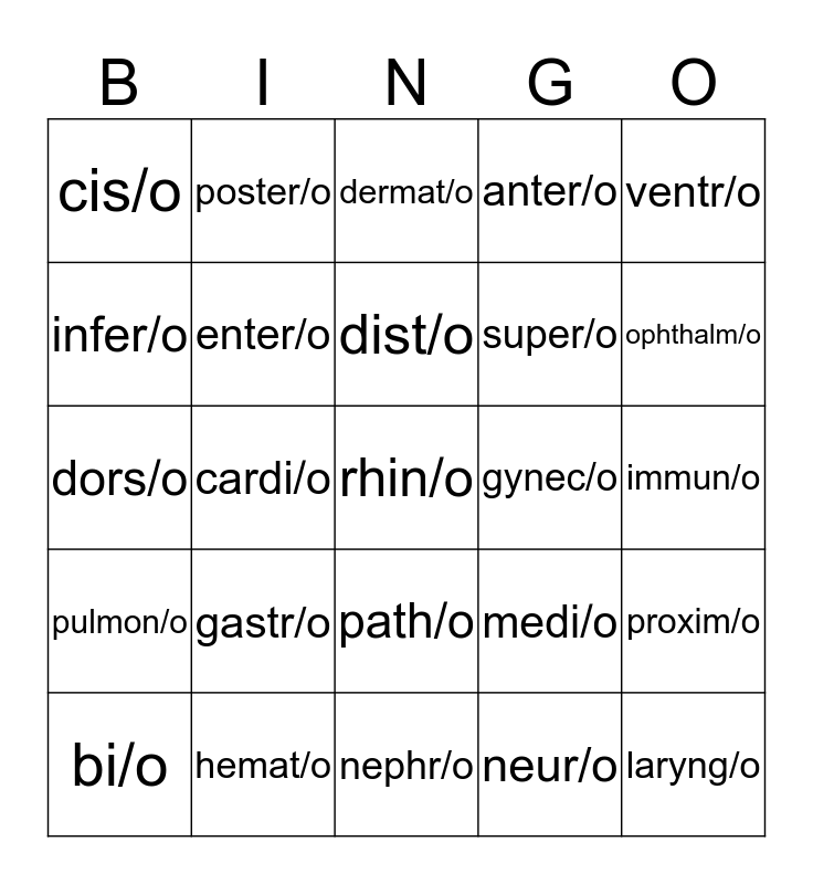 Common Combining Forms Bingo Card