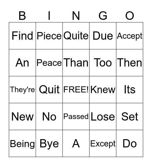 Commonly Confused Words Bingo Card