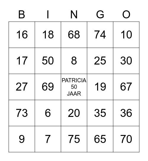 PATRICIA 50 JAAR Bingo Card