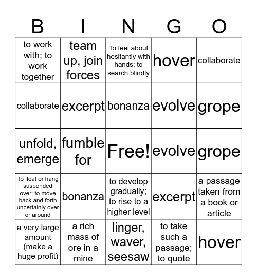 Level C Unit 1 (words 1-6) Bingo Card