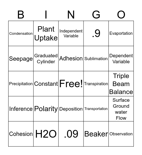 Properties of Water and the Water Cycle Bingo Card