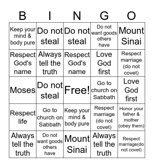 Ten Commandments Bingo Card