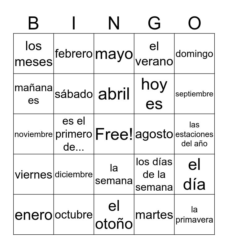 Spanish 1 Hon CH 1 días, meses, estaciones Bingo Card