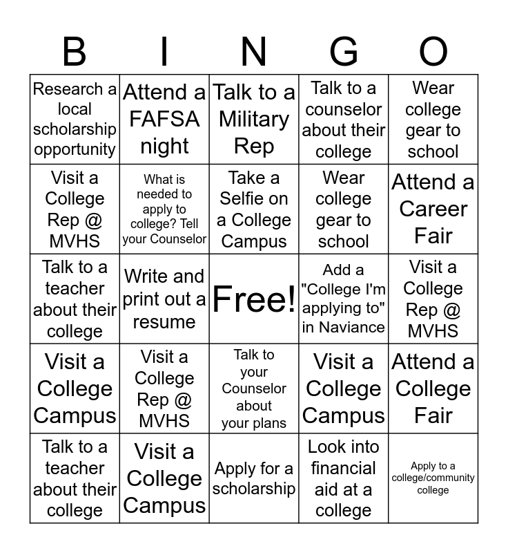 MVHS COLLEGE BINGO! Bingo Card