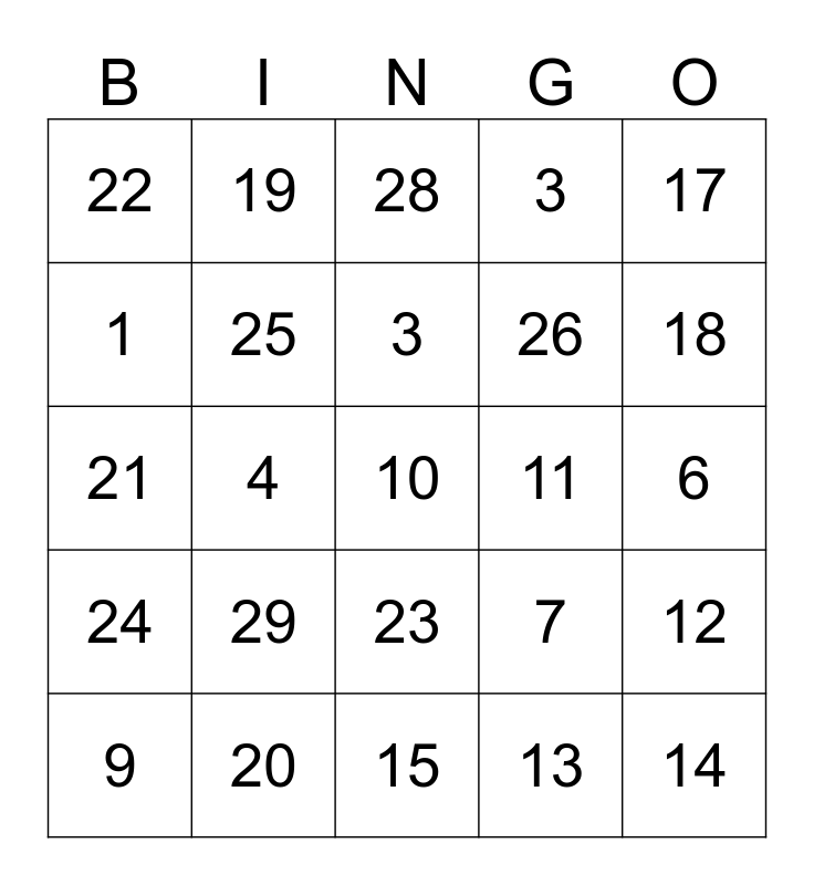 Numbers 1-29 Bingo Card