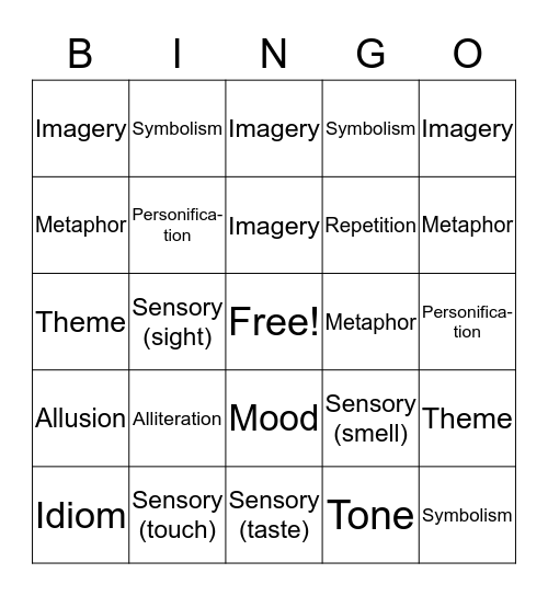 Poetry Terms Bingo Card