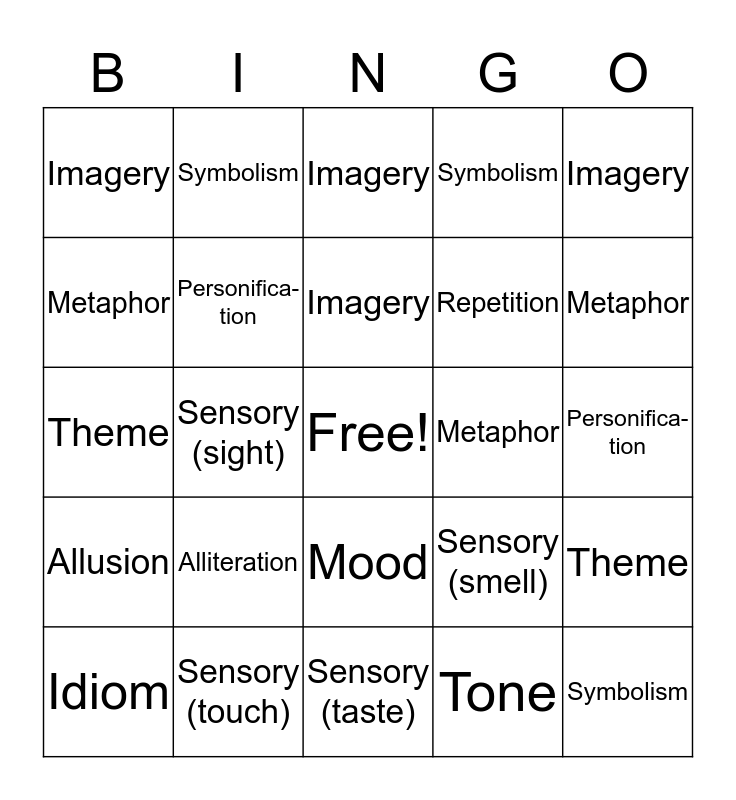 Poetry Terms Bingo Card