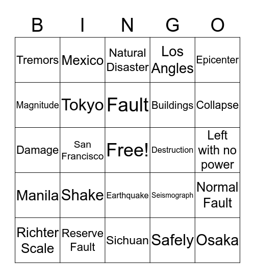 Earthquake Bingo Card