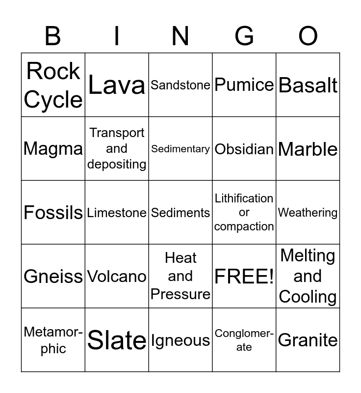 Rock Cycle Bingo Card