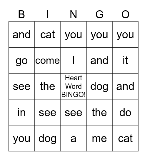 Heart Word Bingo Card