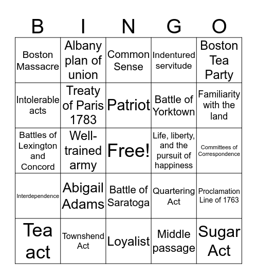 American Revolution Bingo Card