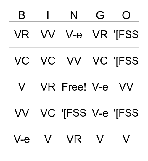 Syllable Bingo Card