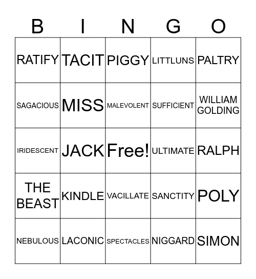 SAT and Lord of the Flies Vocabulary Week #3 Bingo Card