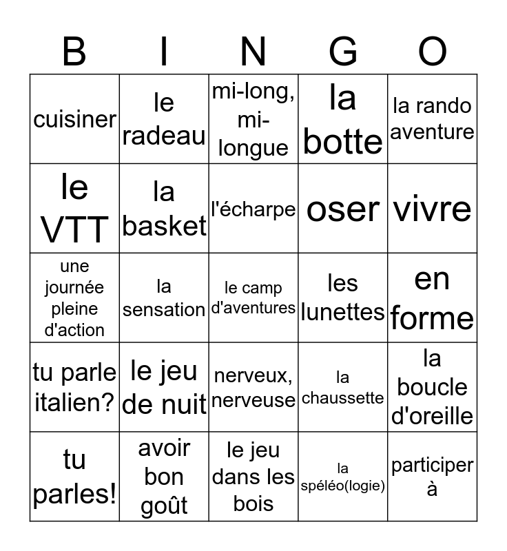 mots dans le vent 1 Bingo Card