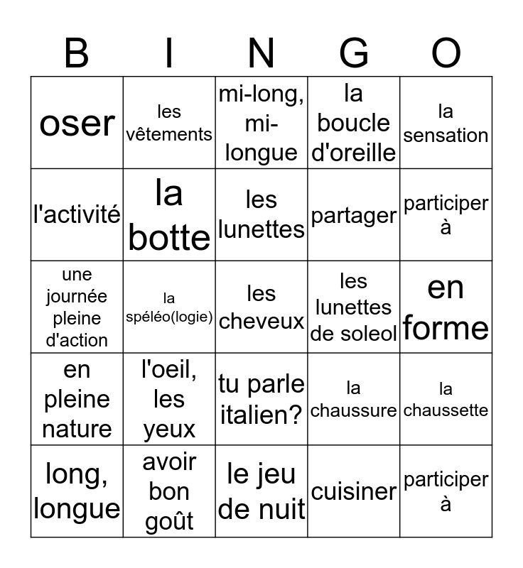 mots dans le vent 1 Bingo Card