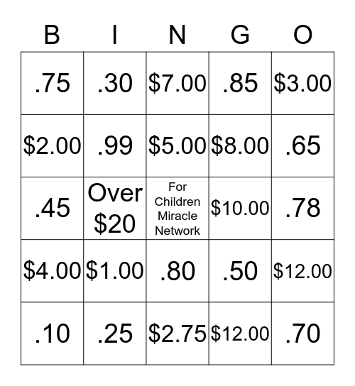 Children's Miracle Network BINGO Card