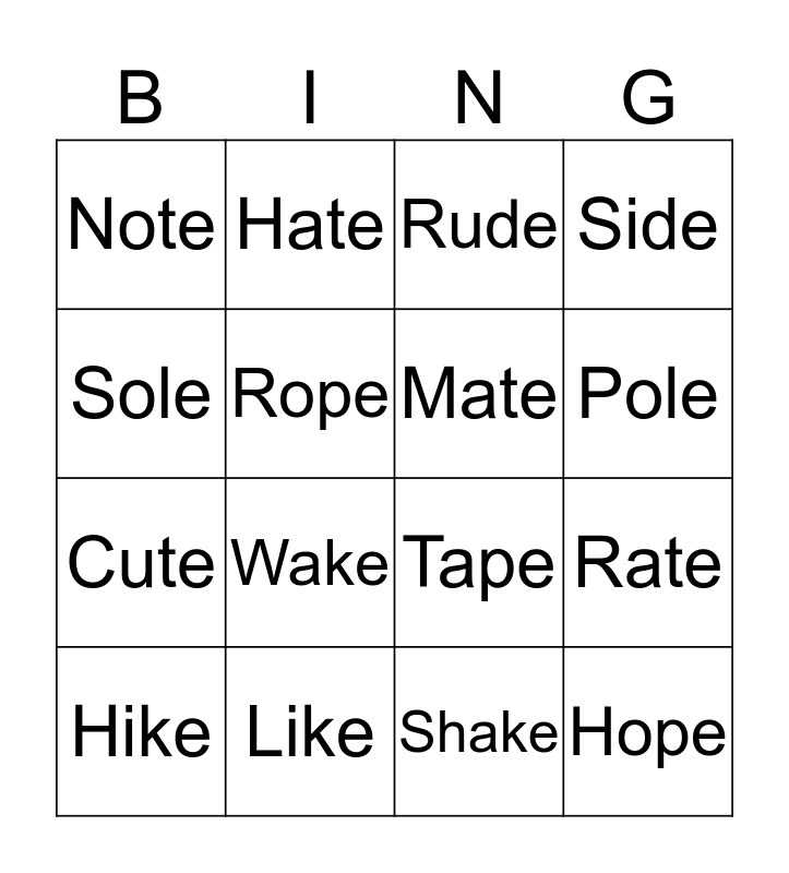 Words Ending In E Bingo Card words-ending-in-e-bingo-card