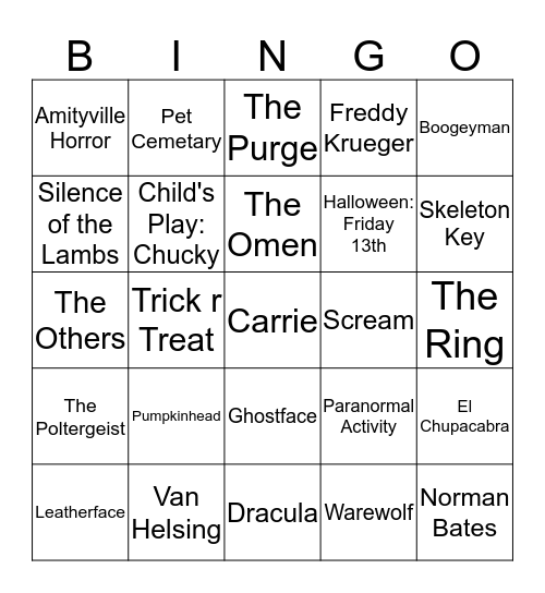 Horror Movie Bingo Card