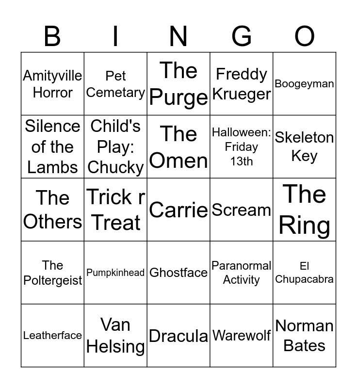Horror Movie Bingo Card