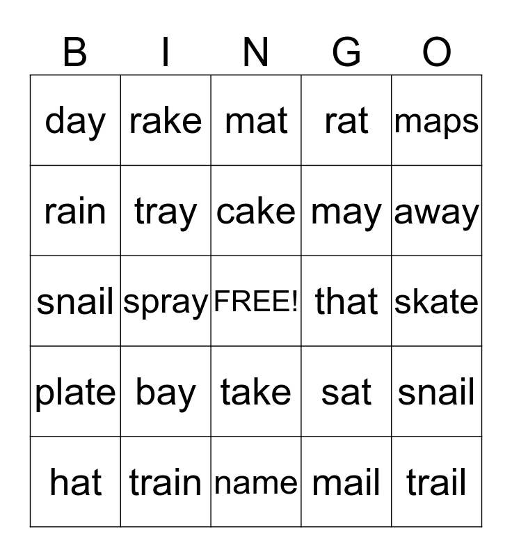 long "a" words Bingo Card