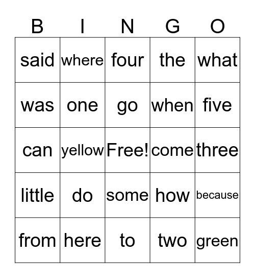 Kindergarten High Frequency Words Bingo Card