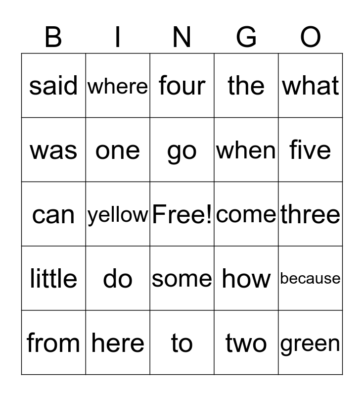 Kindergarten High Frequency Words Bingo Card