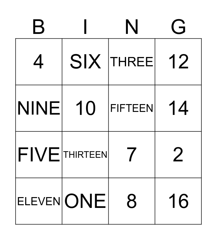 NUMBERS Bingo Card