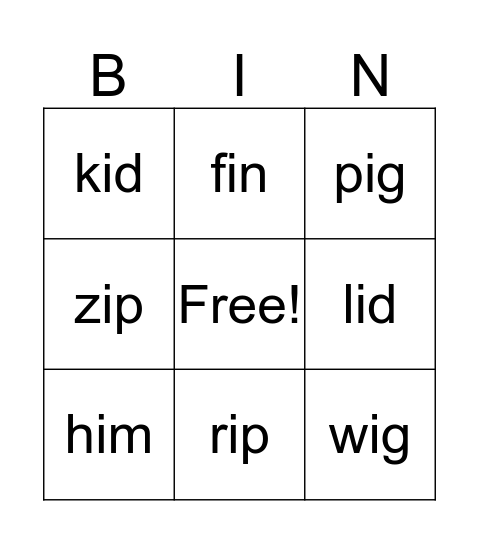 short 'i' Bingo Card