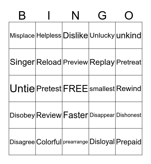 Prefixes & Suffixes Bingo Card