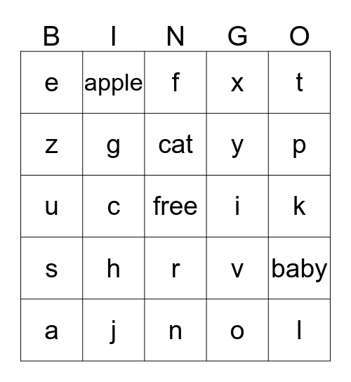 lower case alphabet 25 square Bingo Card