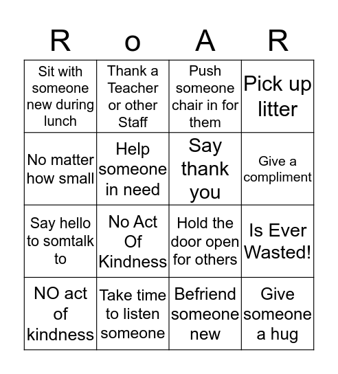 Random Acts Of Kindness Bingo Card