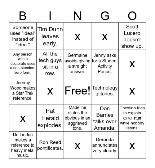 Faculty Meeting Bingo Card Faculty Meeting Bingo Card
