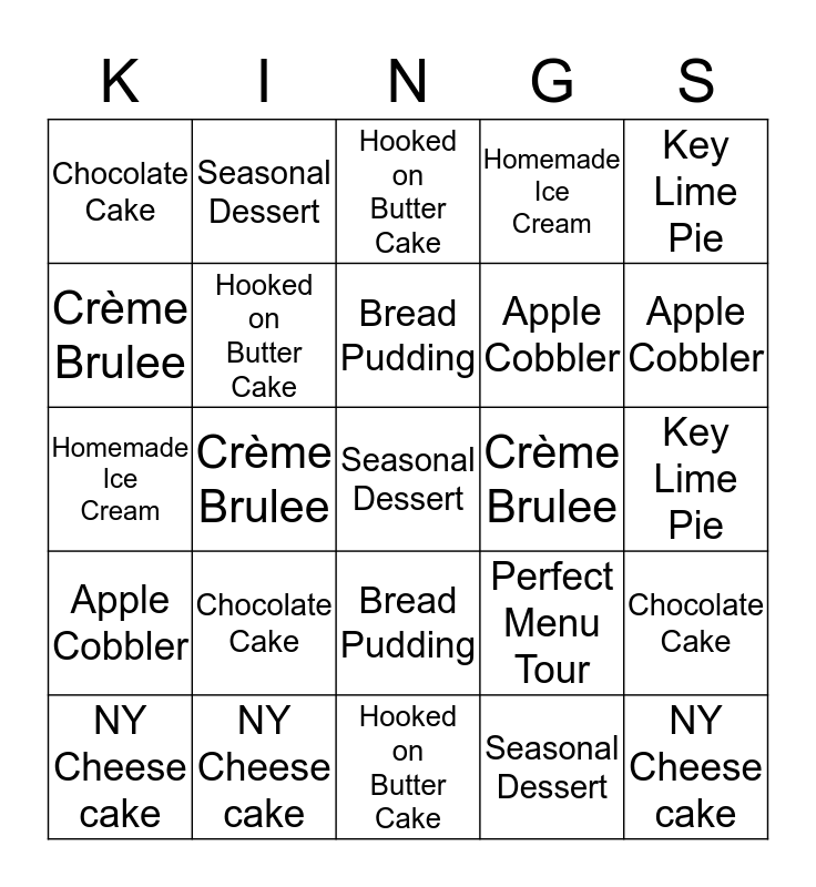 KING'S DESSERT BINGO Card