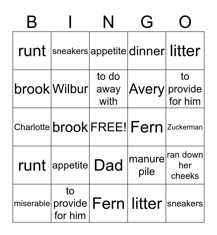 Charlotte's Web Vocabluary Bingo Card