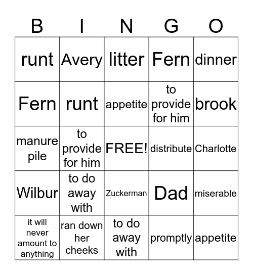 Charlotte's Web Vocabulary Bingo Card